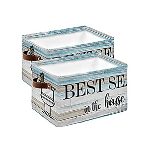 Storage Bins Cubes Waterproof Cloth Storage Basket, Best Seat in the House Foldable Storage Bags for Shelf Closet Clothes Storage Organizers with Handles 15x11x9.5 in Vintage Wooden Plank