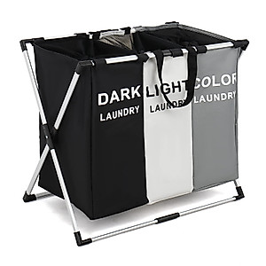 Laundry Basket Hamper 3 Section Dirty Clothes Hamper with Mesh Cover Foldable Aluminum Frame Laundry Sorter Organizer for Bathroom Bedroom Nursery (White+Grey+Black）