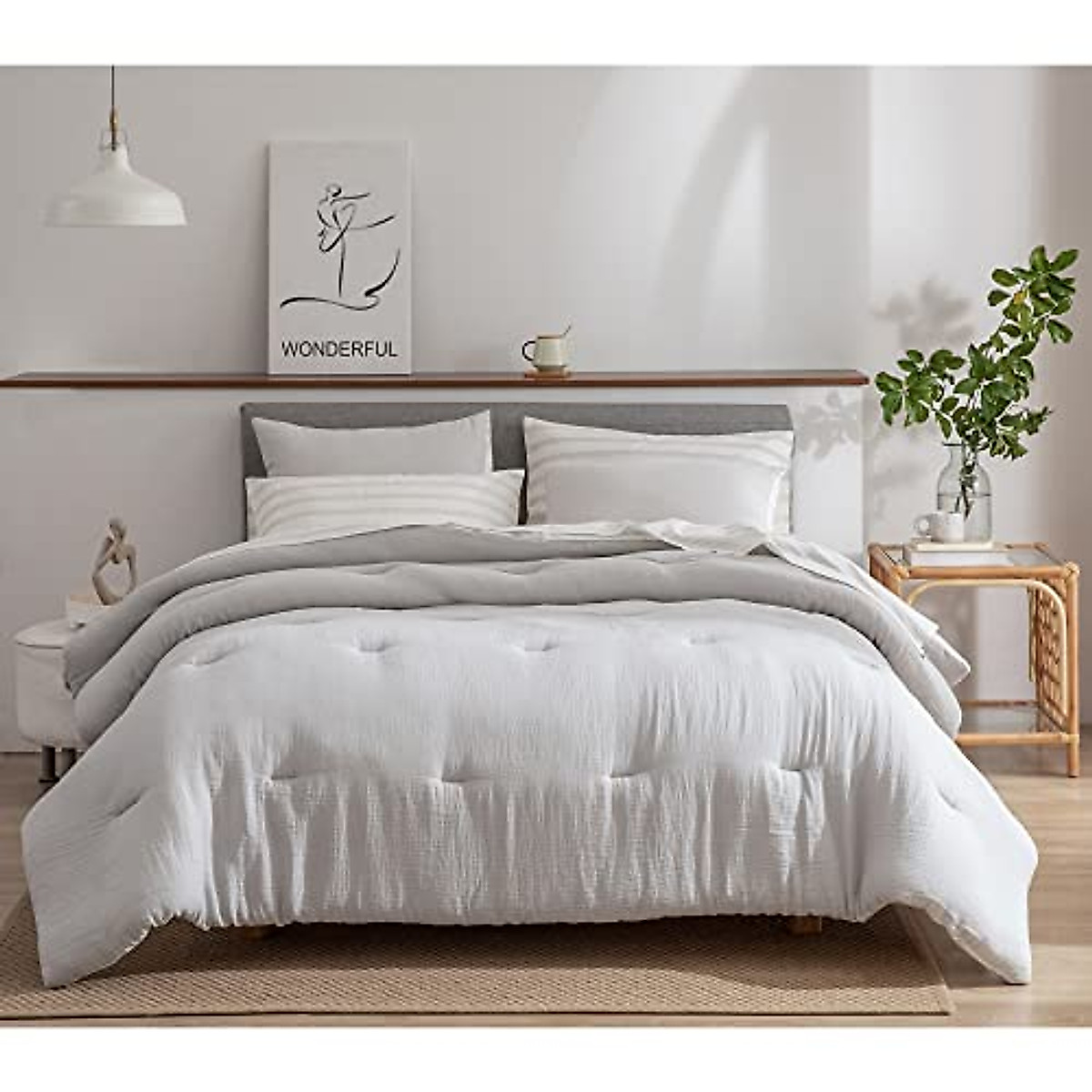 SHALALA Light Grey Cotton Gauze Lightweight Comforter Bedding Sets, Light Grey Comforters for King Bed, 7pcs Soft Warm Bed Sets with Comforter Set and Gray Striped Sheet Sets