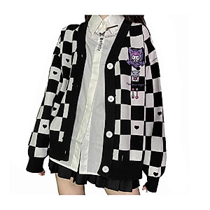 Kawaii Sweater Black Plaid Anime Cardigan Sweater for Women Cosplay Costume V Neck Long Sleeve Women's Button Knitted Outerwear JK Uniform S