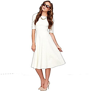 Dantiya Women's Half Sleeve Elegant Back Zipper A-Line Knee Long Dress, White, X-Small