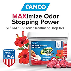 Camco TST MAX Camper/RV Toilet Treatment Drop-INs | Control Unwanted Odors & Break Down Waste and Tissue | Safe Septic Tank Treatment | Hibiscus Breeze Scent | 30-Count (41604)
