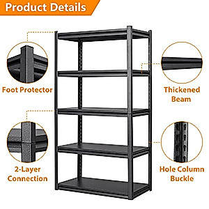 LISSIMO 5-Tier Heavy Duty Shelf, 63" H Metal Shelving Unit Load 2000LBS, Adjustable Storage Shelves for Garage，Bedroom,Office 18" D x 34" W x 63" H