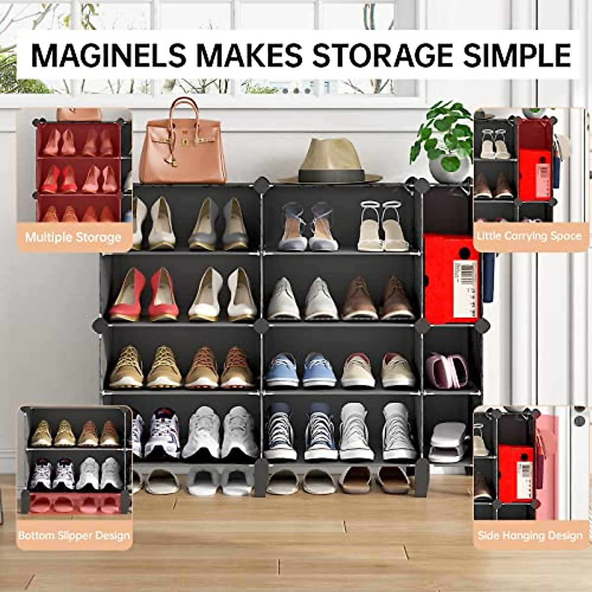 MAGINELS Portable Shoe Rack Plastic Shoe Organizer DIY Shoe Storage Shelf Organizer for Entryway Shoe Cabinet 36 Pairs, Black