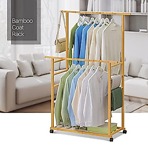 MoNiBloom Double Rod Clothing Garment Rack with Bottom Shelves, Bamboo Clothes Rack on Wheels Rolling Clothing Rack with Pants Rack Hanging Clothes, Natural