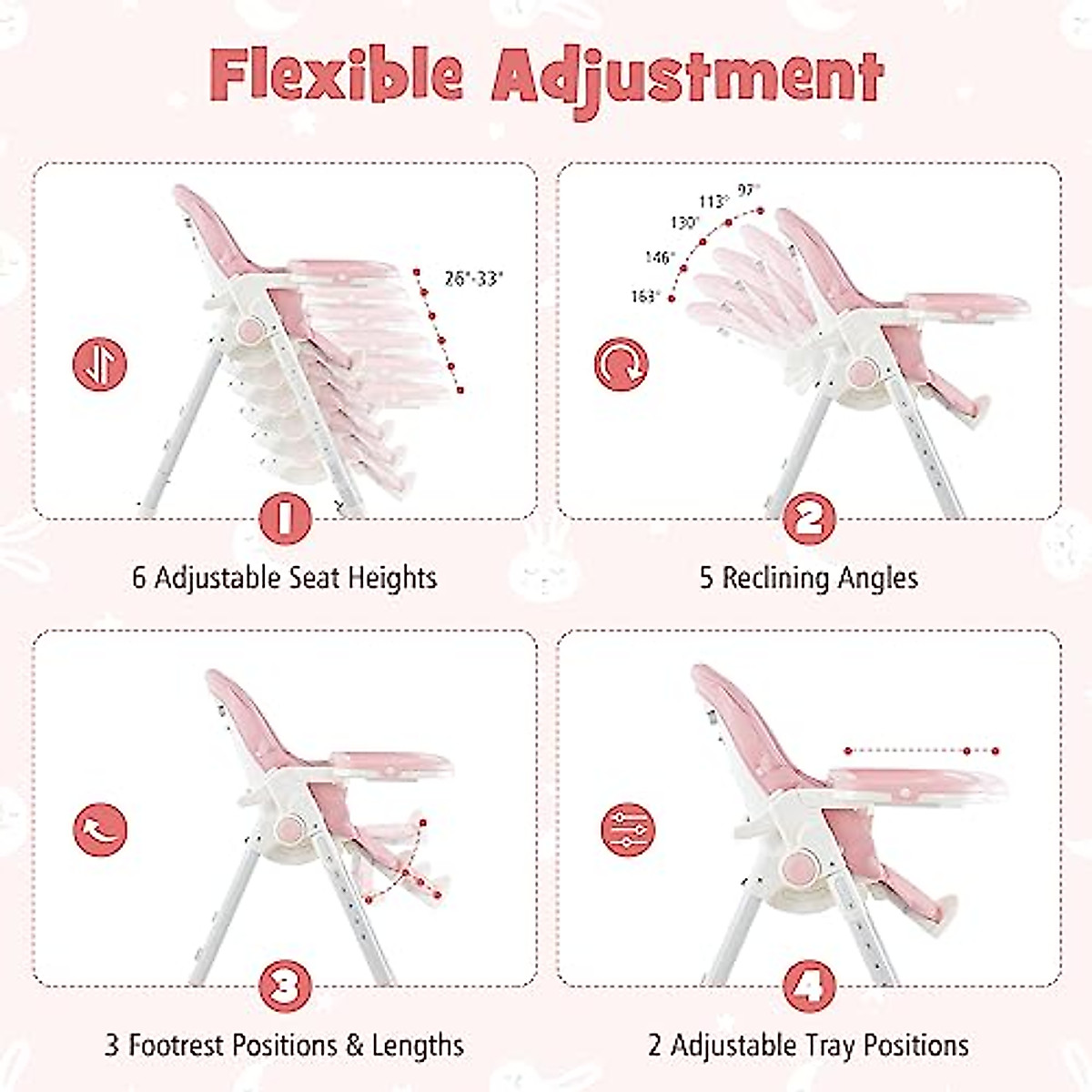 HONEY JOY High Chair with Wheels, Foldable Highchair for Babies and Toddlers, 6 Adjustable Heights, 3 Recline Backrest & Footrest, Double Tray, Quick Fold Portable Highchairs for Boys Girls(Pink)