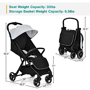 HONEY JOY Lightweight Baby Stroller, Compact Travel Stroller for Airplane, Fits Airplane Cabin & Overhead, One-Hand Gravity Fold, Self-Standing Toddler Stroller w/Adjustable Backrest/Canopy(Gray)