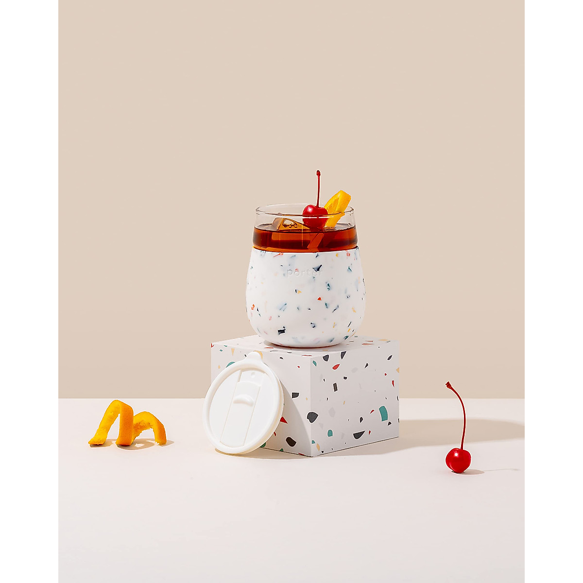 W&P Porter Portable Cocktail Glass with Protective Silicone Sleeve, Terrazzo Cream, 15 Ounces, On-the-Go, Reusable Wine Tumbler with Slide-lock Lid, Dishwasher Safe, 15 oz