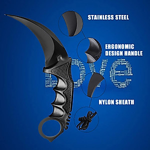 TOPOINT Karambit Knife, Stainless Steel Fixed Blade Knife with Sheath and Cord Knife CS-GO for Hunting Camping and Field Survival (Black)