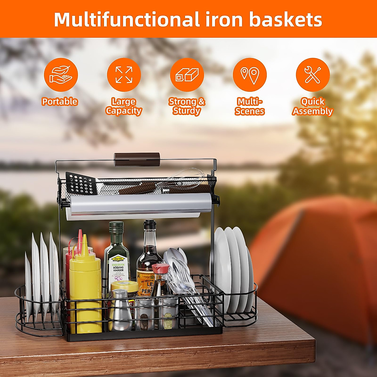 Grill Caddy BBQ Caddy with Paper Towel Holder Kitchen Organization Outdoor Camping Condiment Picnic Accessories Storage Organizer Easy to Disassemble Rv Barbecue Utensil Holder Upgraded Version