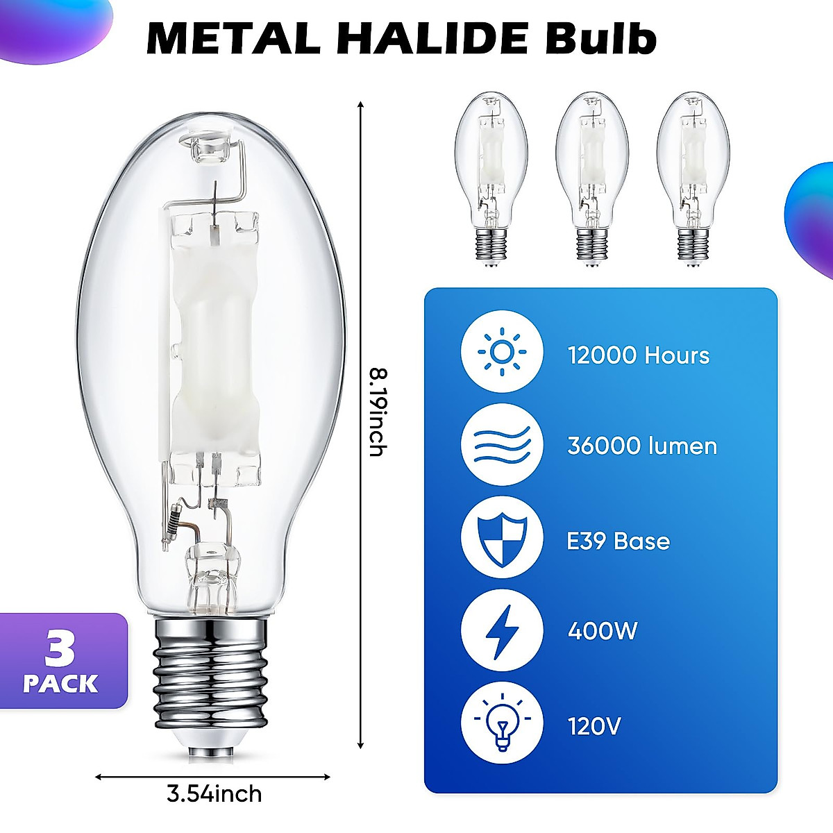 Rossesay 3 Pcs 400 Watt Lighting Metal Halide Lamp MH400/U/MOG 36000 Lumen 4000K Outdoor Light Bulb 12, 000 Hour Span Life Mogul Base (E39) ED28 High Intensity Discharge Metal Halide Bulb(400 Watt)