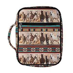 Hinthetall Tribal Horse Bible Covers with Pen Slots Handle Zippered Pocket Church Bag for Women Men Bible Carrying Case for Studying Outdoor Multi-Functional Gift for Christian