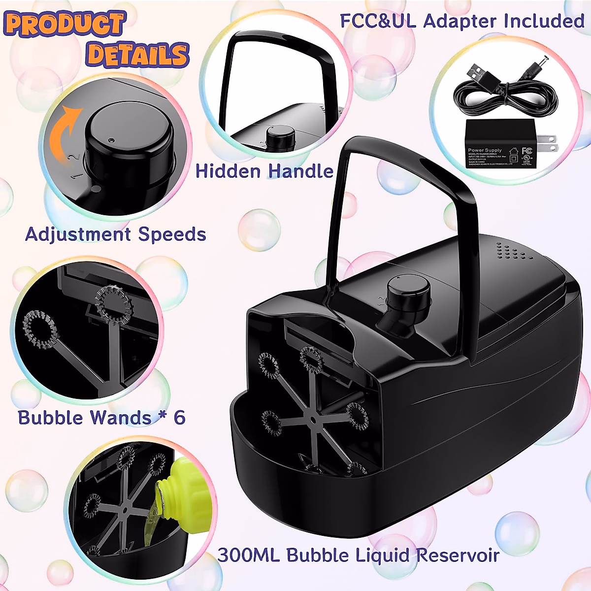 Bubble Machine, Automatic 18000+ Per Minute Big Bubbles Blower Maker for Kids Toddlers with 2 Speeds,6 Wands,Operated by Plugin or Batteries for Outdoor/Indoor Birthday Parties,Wedding (Black)