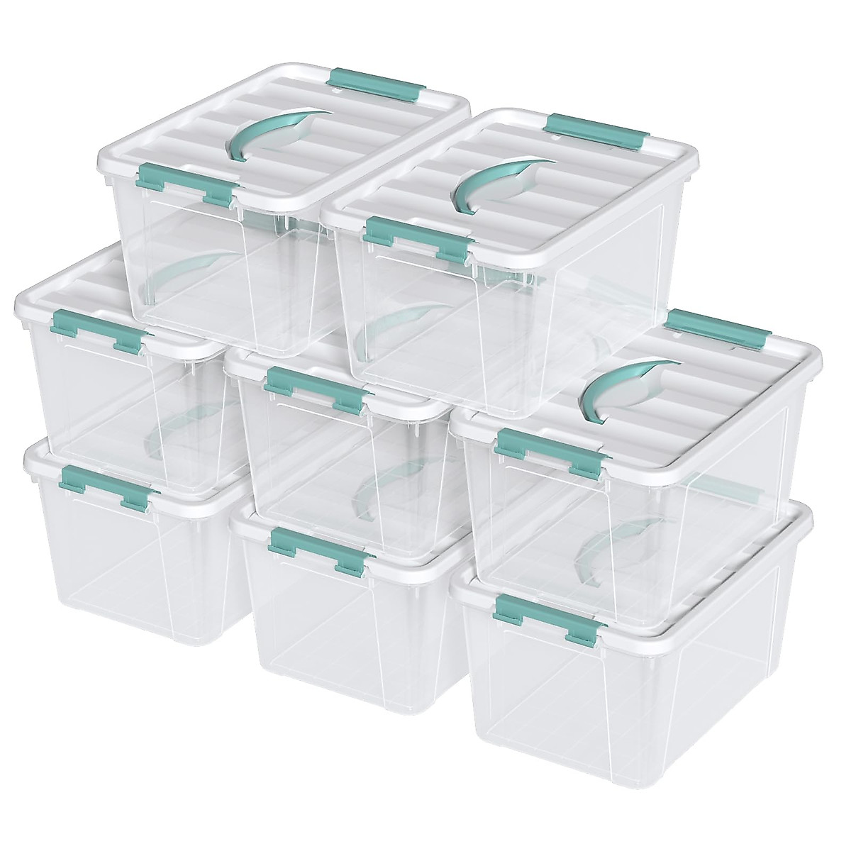 Uumitty 14 Quart Stackable Storage Bin with Latching Lid, Plastic Container Box to Organize Office, Crafts, Clear Base and White Lid, 8-Pack