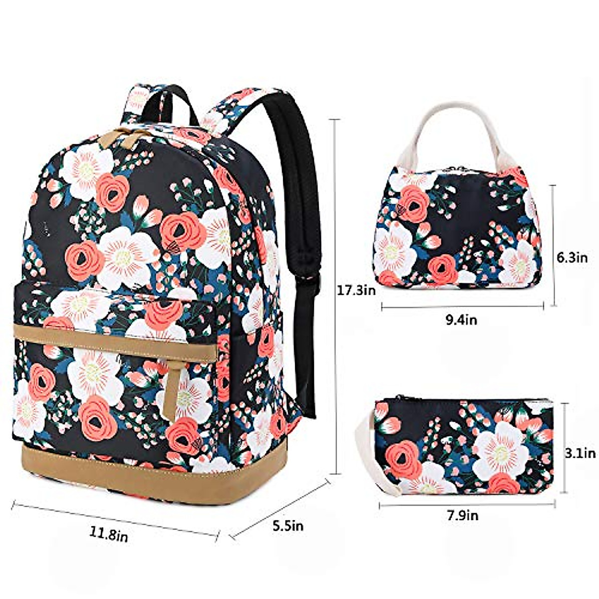 Natayoo Floral School Backpacks for Women Teen Girls College Bookbag Water Resistant Laptop Backpack with Lunch Bag and Pencil Bag,Large