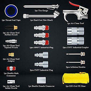 Air Compressor Accessories, Creallr 20 Pieces Air Compressor Tool Kit Air Hose Fittings with 1/4 Inch NPT Plug/Connect/Coupler, Air Blow Gun, 25Ft Recoil Air Hose and Dual Head Air Chuck