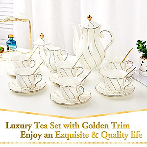 DUJUST 22 pcs White Porcelain Tea Set for 6, Luxury British Style Tea/Coffee Cup Set with Golden Trim, Beautiful Tea Set for Women, Tea Party Set, Gift Package (Including a Stand) - White