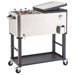 TRINITY Stainless Steel Beverage Cooler and Ice Chest with Wheels and Built-in Bottle Opener, Rolling Cart with Shelf for Patio, Outdoor Bar, and Catering, Detachable Tub, 80 Quart Capacity