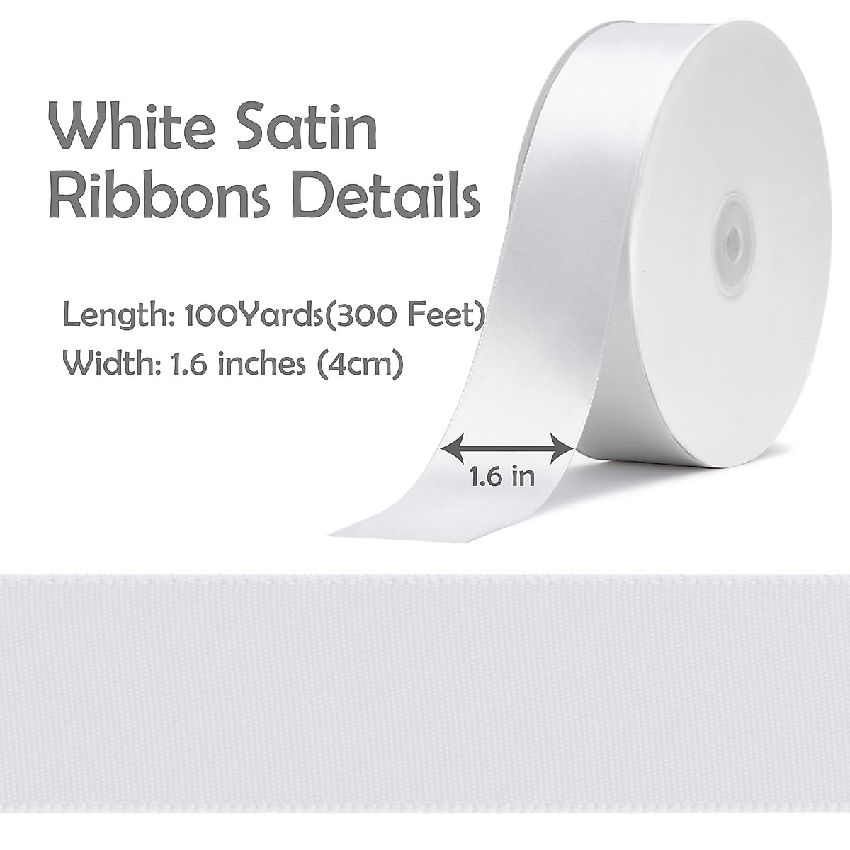 1.5 Inch x 100yds Satin Ribbon Solid Fabric Ribbons Roll for Gift Wrapping,Floral,Balloons,Craft Sewing,Valentine's Day,Wedding,Birthday Party Decoration(White)