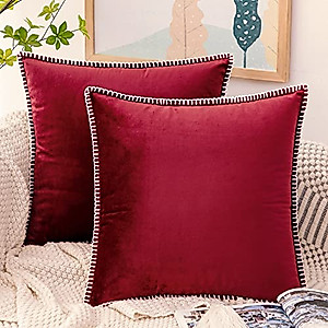 GAWAMAY Velvet Farmhouse Spring Pillow Covers 18x18 Set of 2,Decorative Green Throw Pillows with Chenille Thread Edge,Square Boho Couch Pillows for Living Room Sofa Couch Beding(45x45cm) Burgundy Red