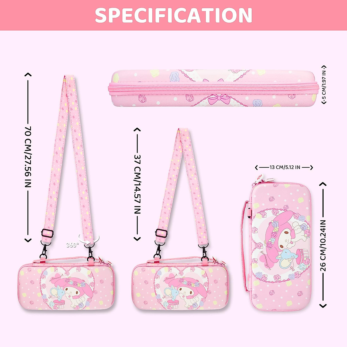 GLDRAM Pink Carrying Case for Nintendo Switch, Cute Anime Accessories Bundle for Cute Girl with Switch Travel Storage, Soft TPU Cover Shell, Screen Protector, Thumb Caps, Shoulder Strap for Girls