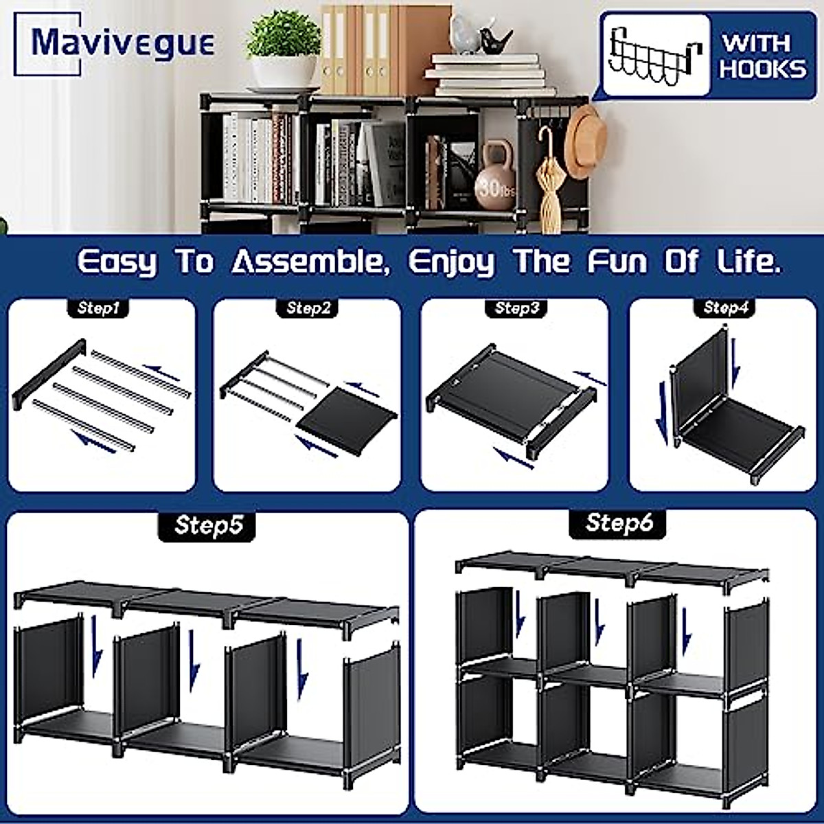 Mavivegue Bookshelf, 9 Cube Storage Organizer, DIY Bookcase, Metal Cube Bookshel, Cubbies Closet Storage Organizer Shelves for Bedroom,Living Room,Home,Office