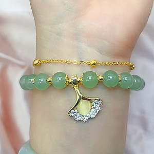Natural Jade Bracelet for Women Hotan Jade Leaf Bracelet Natural 2-Layer Green Nephrite Jade Bracelet for Women Round Bead Design with Zircon Leaf Charm Bracelet,Lucky Jade Bracelet Ladies Jewelry (Ginkgo leaf)