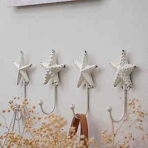 SOFFEE DESIGN Set of 4 Resin White Beach Starfish Coat Hooks, Starfish Retro Friction Process, High Load-Bearing, for Holiday Cottages, Seaside Cottages, Children's Rooms