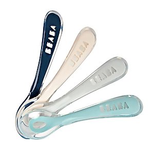 BEABA Toddler’s Self Feeding Silicone Spoons, Toddler Spoons, Baby Essentials, Baby Must Haves, 4 Pack, (Drizzle)