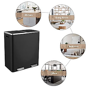 finetones Dual Step Trash Can, 16 Gallon (30L) Stainless Steel Garbage Can with 2 Soft-Close Lid and 2 Removable Inner Wastebasket, Bin Body with Handle for Kitchen, Home Office, Black…
