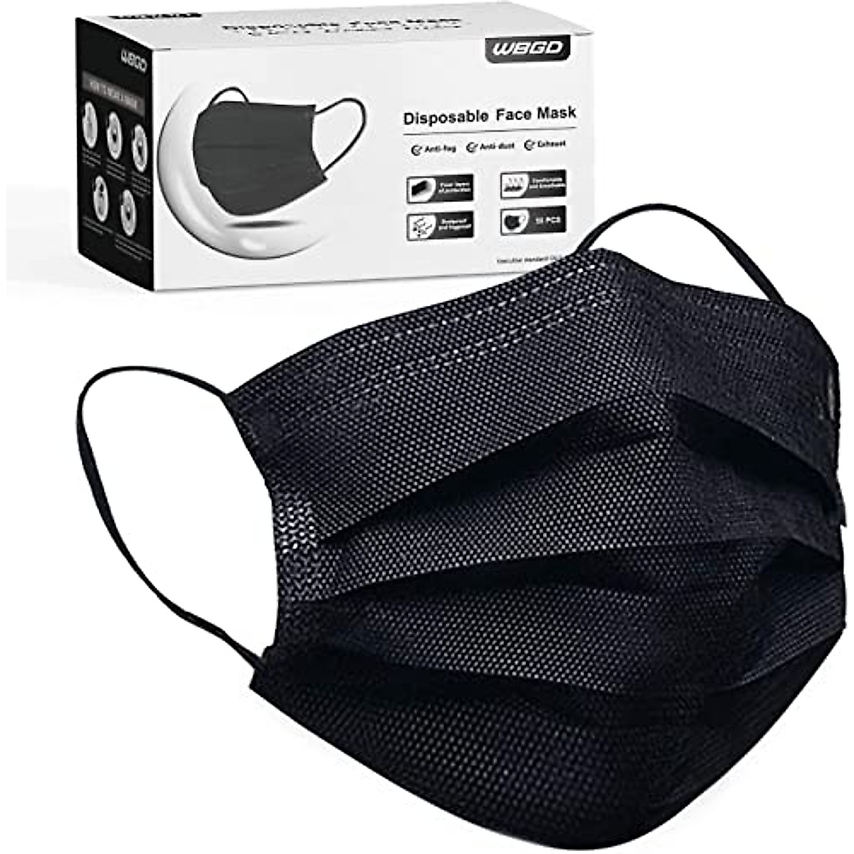 Disposable Face Mask, 4 Layers Safety Masks (Pack of 50) with Elastic Ear Loop Comfortable Breathable (Black)