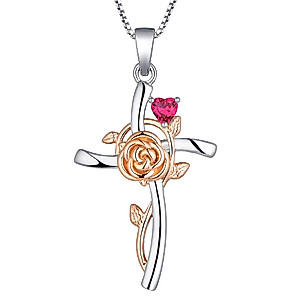 YL Cross Necklace 925 Sterling Silver Flower Rose Crucifix Pendant Created Ruby Criss Jewelry for Women
