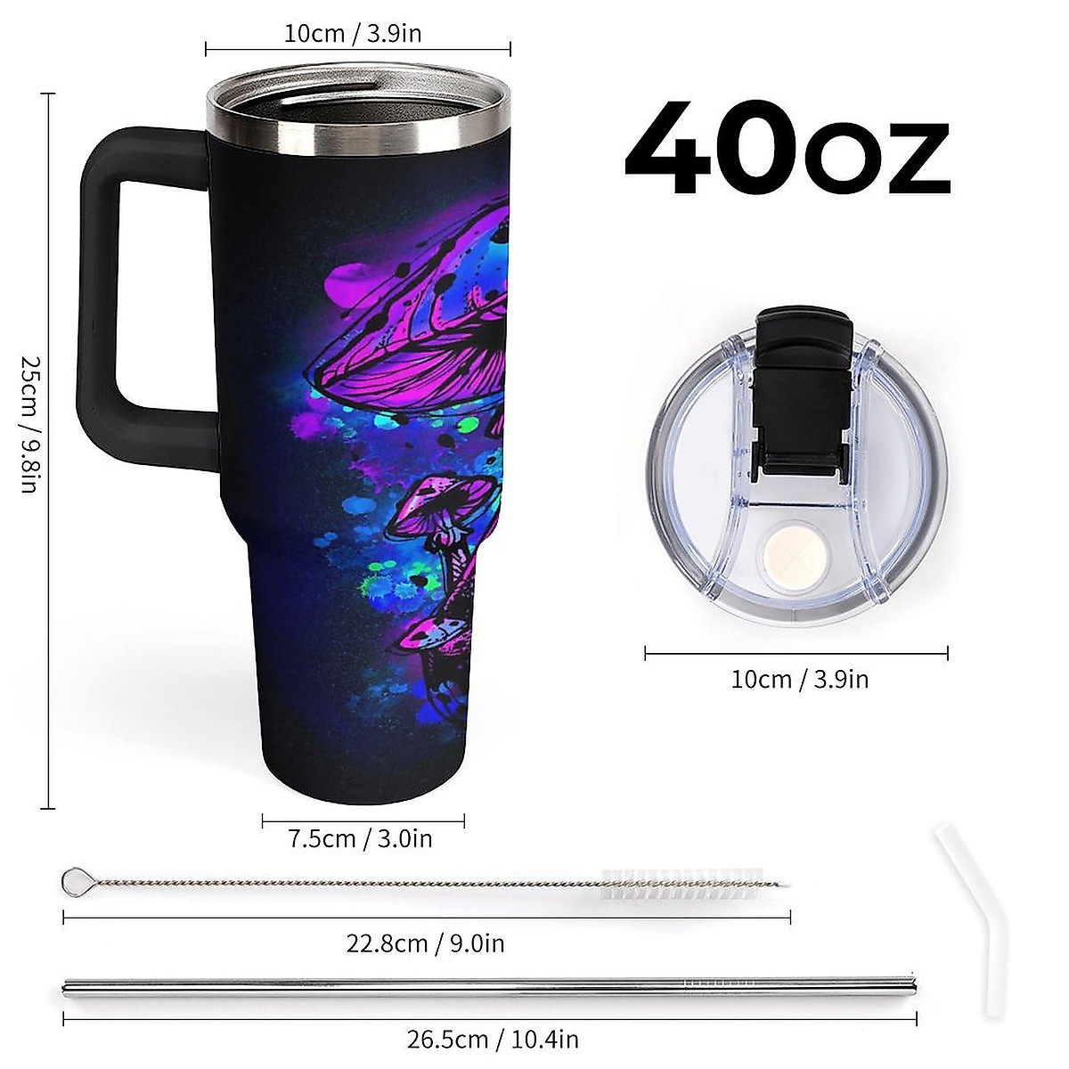 40oz Insulated Tumbler with Handle & Straw Stainless Steel Vacuum Sealed Water Bottle Leakproof Travel Mug for Car, Outdoor & Home BPA-Free Double Wall Cold Hot Beverage Thermos Sewant mushrooms