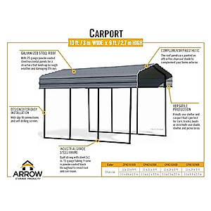 Arrow Carports Galvanized Steel Carport, Compact Car Metal Carport Kit, 10' x 15' x 9', Charcoal