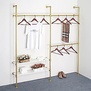 OUBITO Industrial Pipe Clothing Rack,Commercial Grade Pipe Clothes Racks,Heavy Duty Wall Mounted Closet Storage Rack,Hanging Clothes Retail Display Rack Garment rack,Gold 2 Board With Crossbar