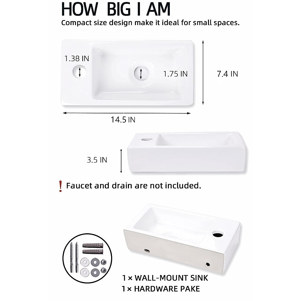 QUXIJA Ceramic Liberty Wall Mount Sink, Rectangle Small Bathroom Sink,Classic Look and Save Space,Right/Left Hand (Left Hand)