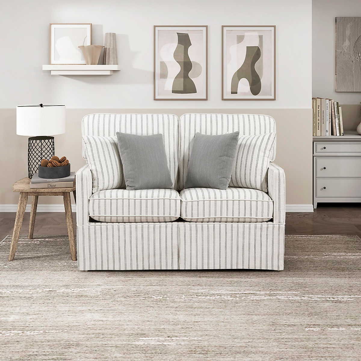 Lexicon Modern Sofa Couch for Living Room Sofas with Solid Wood Frame, Square Arm and 4 Accent Pillows, Small Couch for Bedroom/Living Room/Office/Apartment, 2 Seater Couch, White with Stripe