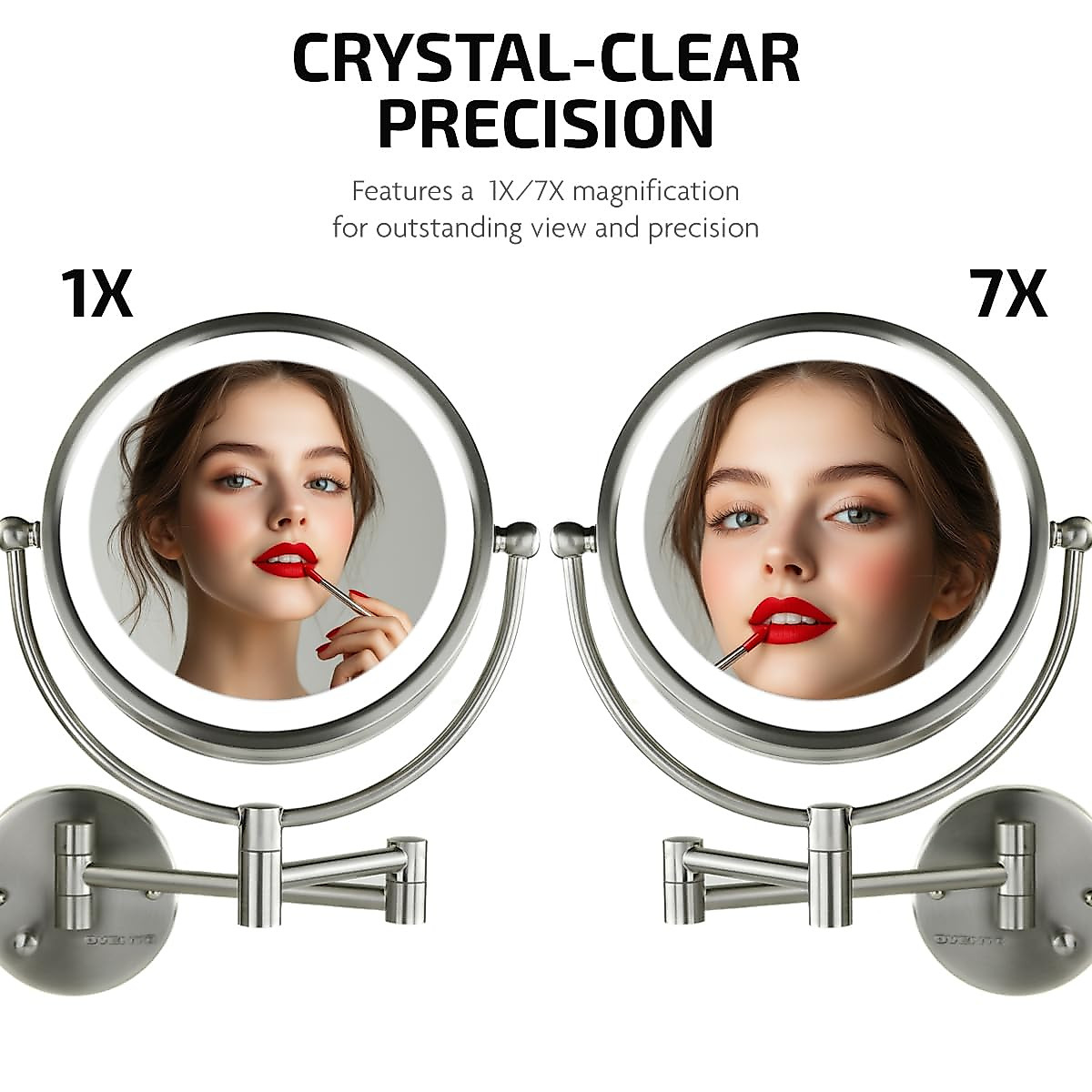 OVENTE 9" Lighted Wall Mount Makeup Mirror with 1X/7X Magnification, Double Sided Magnifying Vanity Mirror, LED Glow Light, 360° Swivel Design, Extendable & Folding Arm, Nickel Brushed MPWD3185BR1X7X
