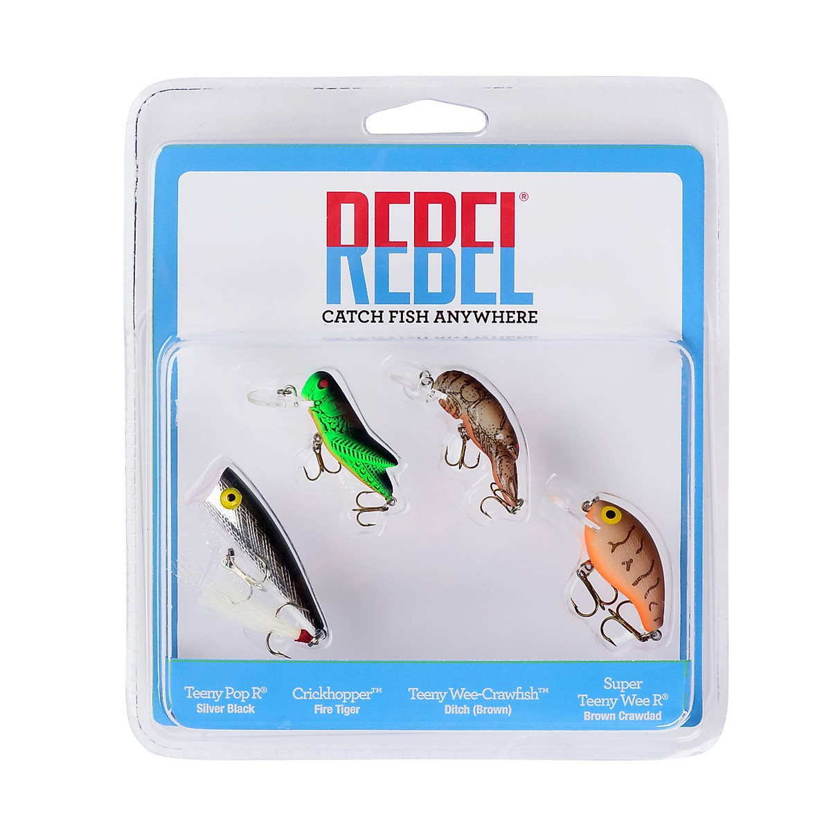 Rebel Lures Classic Critters Crankbait Fishing Lures 4-Pack, Includes 1 Teeny Pop-R, 1 Crickhopper, 1 Teeny Wee Crawfish, and 1 Teen Wee-R