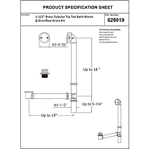 Artiwell 1-1/2" Brass Tubular Bath Drain Kit with Tip-Toe Bath Drain Stopper, Touch-Toe Tub Drain, Tip Toe Bathtub Drain Waste and Overflow with Plug and Bathtub Overflow Drain Cover, Matte Black