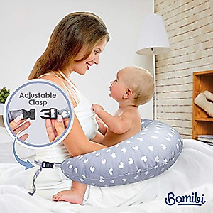 Bamibi Pillow for Breastfeeding with Adjustable Clasp, Multi-Use Breastfeeding Pillow, Cozy Breast Feeding Pillows for Babies, Cover 100% Cotton, Filling 100% Polyester (Hearts Design)
