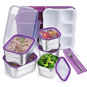 Stainless Steel Kids Bento Lunch Box Leak Proof BPA-Free DaCool School Lunch Container 5-Compartment with Lunch Bag and Fork for Toddler Child Adult, Food Snack Container for Picnic Outdoors, Purple