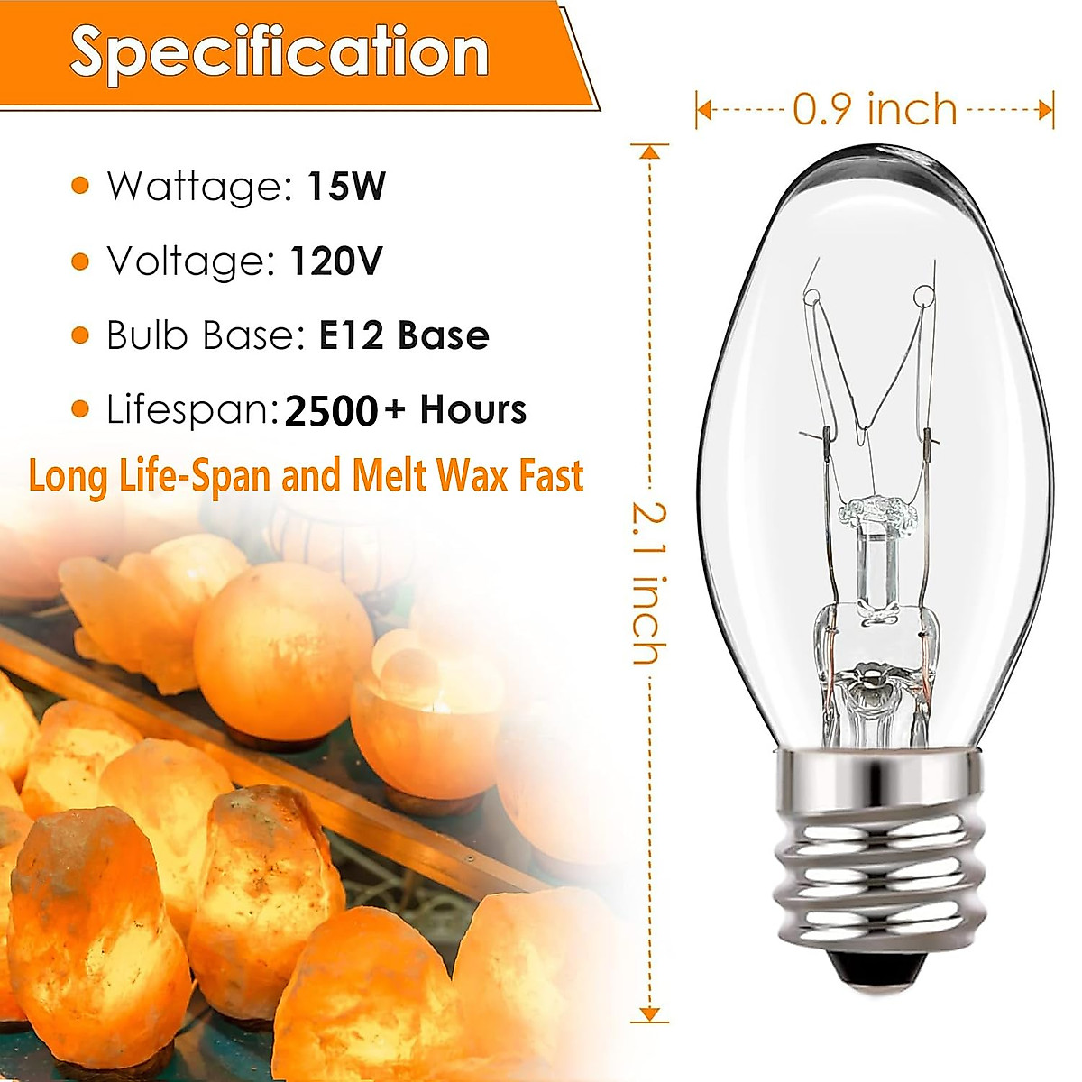 Wax Warmer Bulb - 15 Pack - Salt Lamp Bulbs- 15 Watt Light Bulbs for Scentsy Wax Warmer - Warm White - C7 Replacement Bulbs for Plug in Wax Diffuser,Candle Warmer & Himalayan Salt Lamp,Dimmable