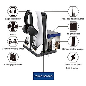 Sequn Vertical Charging Stand for Playstation 5 with Cooling Fan for PS5 Digital Edition/Ultra HD Console, Charging Dock Station with 15 Game Storage Slots and Dual Controller Charger Ports