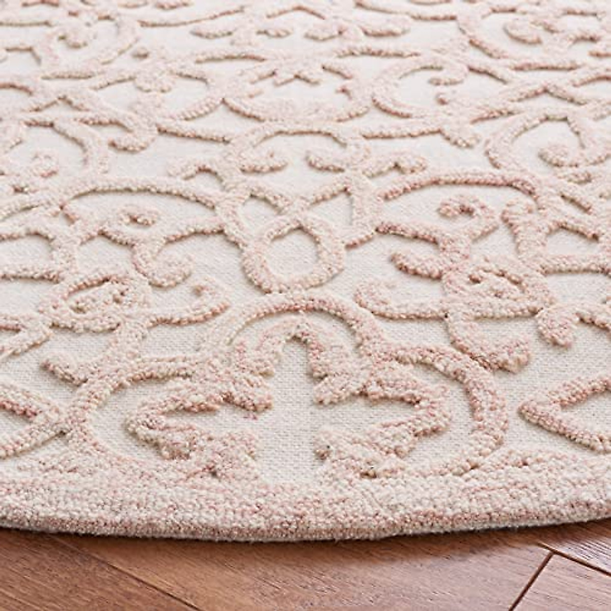 SAFAVIEH Trace Collection Area Rug - 6' Round, Ivory & Pink, Handmade Scroll Wool, Ideal for High Traffic Areas in Living Room, Bedroom (TRC103U)