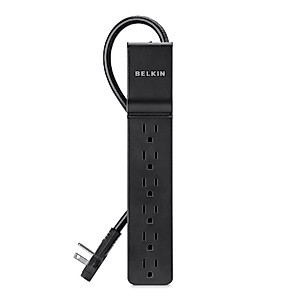 Belkin 12-Outlet Power Strip Surge Protector, Flat Plug, 10ft Cord (4156 Joules), Gray & 6-Outlet Power Strip Surge Protector, Flat Rotating Plug, 6ft Cord (600 Joules)