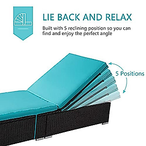 JSUN7 Outdoor PE Wicker Lounge Chair - Rattan Chaise Lounger with Blue Cushion and Adjustable Backrest Recliner