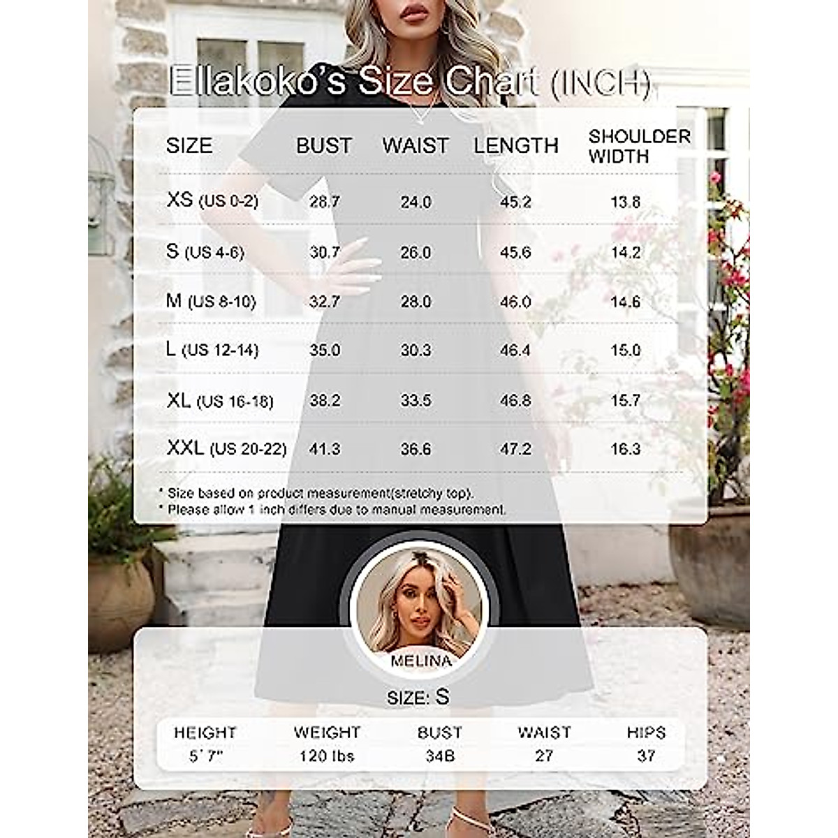 Ellakoko Summer Dresses for Women 2023 Casual Short Sleeve Modest A Line Crew Neck Ruffle Tiered Smocked Midi Black Dress Solid Black M
