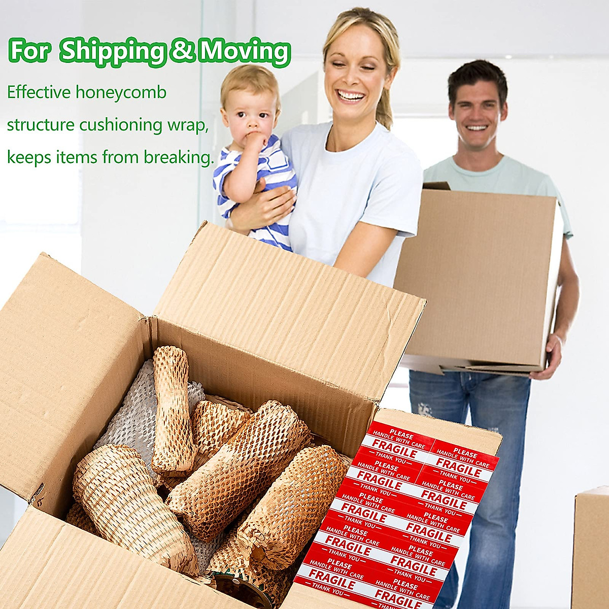 Wowxyz Honeycomb Packing Paper Wrap 12"x105' Recycled Cushion Wrapping Roll Eco Friendly Shipping Moving Green Wrap with 10 Fragile Sticker Labels - Protective Kraft Packaging Suppliers Brown