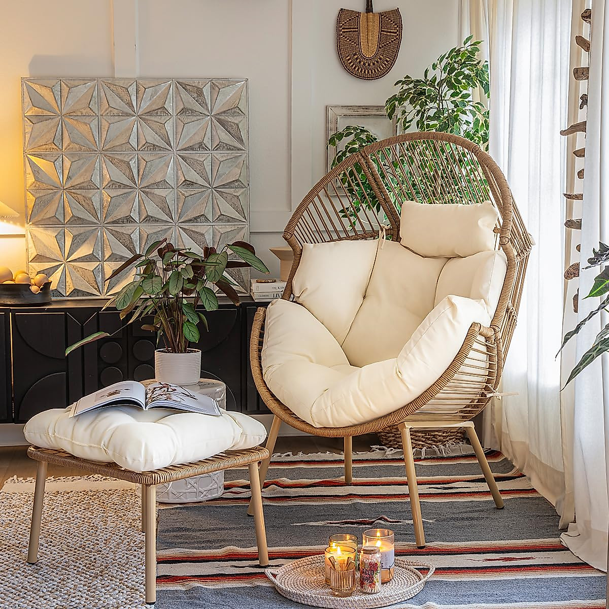 Barton 2-Pieces Stationary Wicker Egg Chair Oversized Egg Seat 350lbs Teardrop Cuddle Cocoon Chair Egg Basket Lounge Chair with Ottoman Indoor/Outdoor, Beige